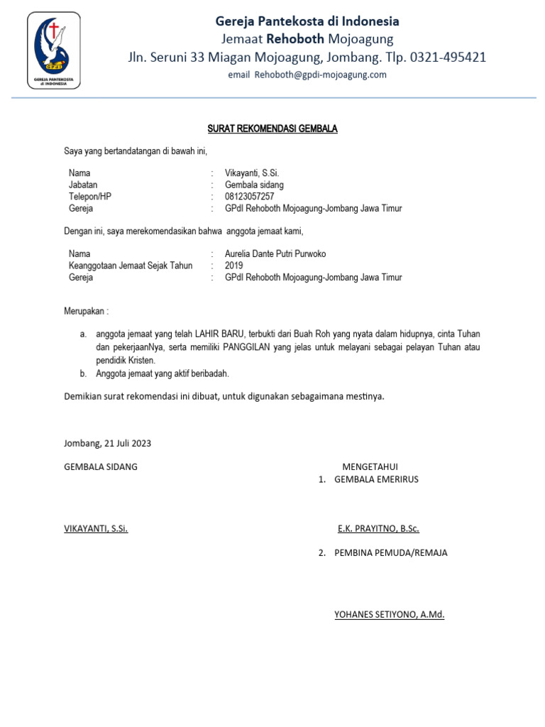 Surat Rekomendasi Gembala | PDF