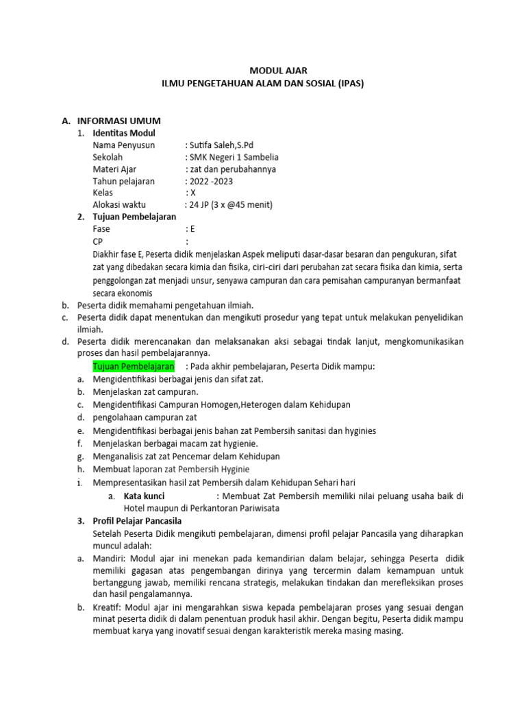 Modul Ajar Ipas Zat Dan Perubahannya | PDF Modul Ajar Ipas Zat Dan Perubahannya | PDF