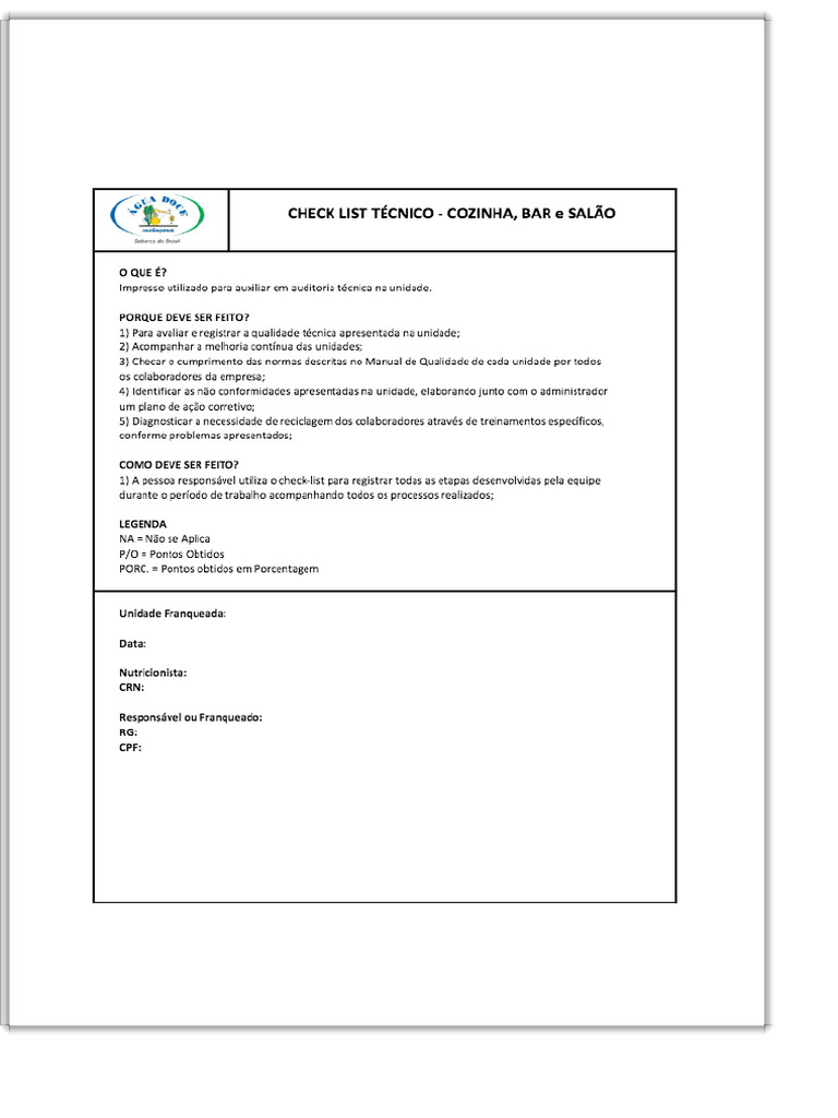 CHECK LIST TÉCNICO - COZINHA, BAR e SALÃO - PDF | PDF