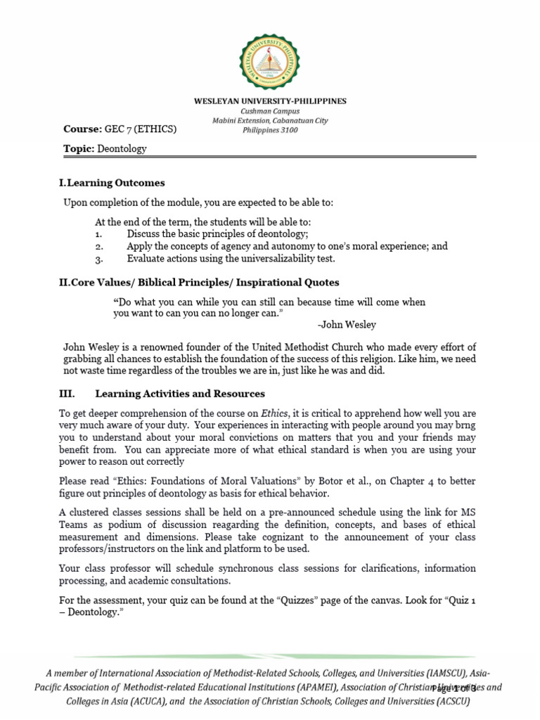 Ethics Module Topic Deontology | PDF