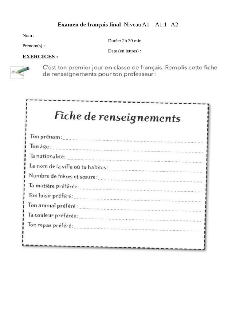 Examen de Francais Final Niveau A1 A1 1 | PDF