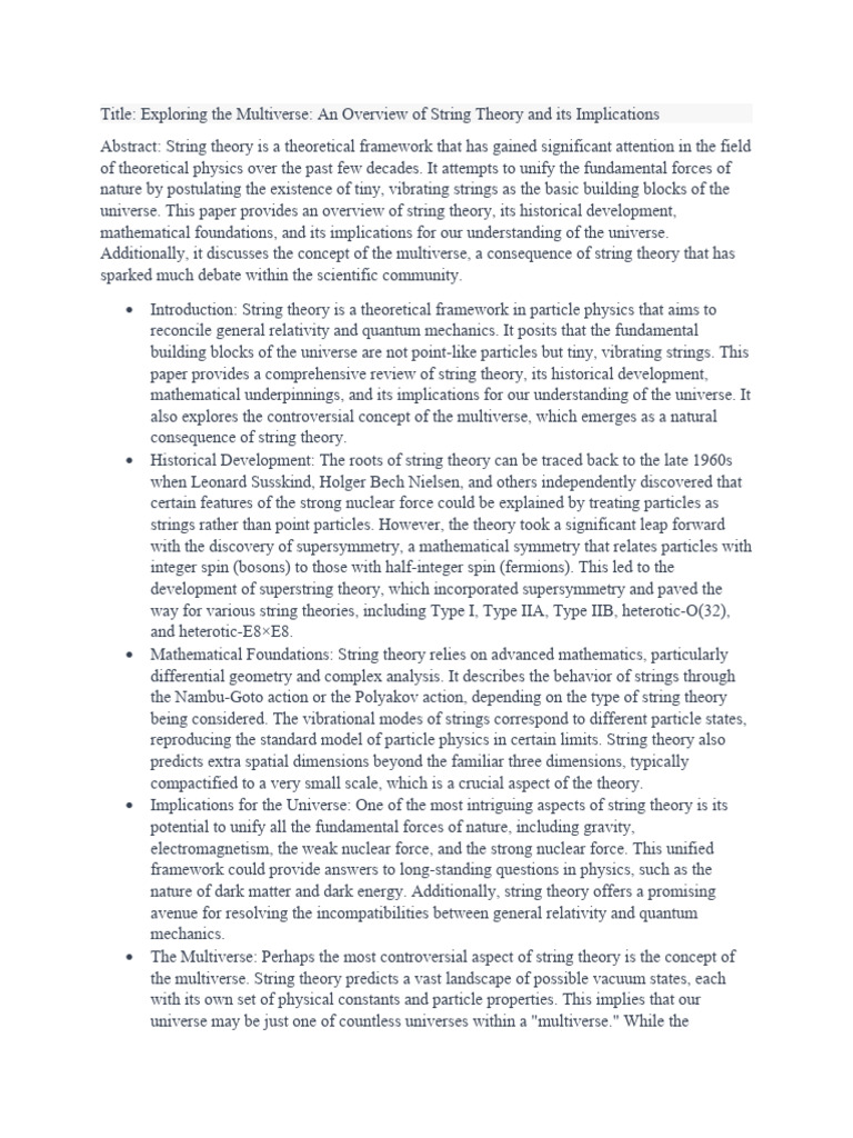 Title Exploring The Multiverse An Overview of String Theory and Its Implications | PDF | String ...
