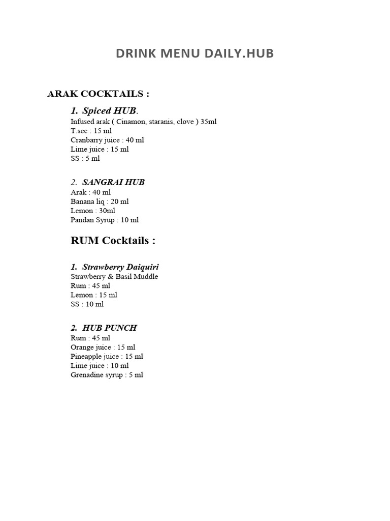 Daily Drink Menu: Cocktails & Smoothies | PDF | Cooking, Food & Wine