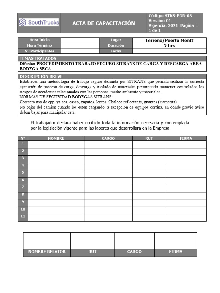 ACTA DE CAPACITACIÓN SITRANS CARGA Y DESCARGA | PDF