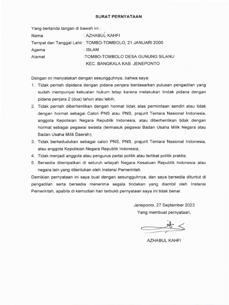 Surat Pernyataan (Anak Lampiran 4) | PDF Surat Pernyataan (Anak Lampiran 4) | PDF