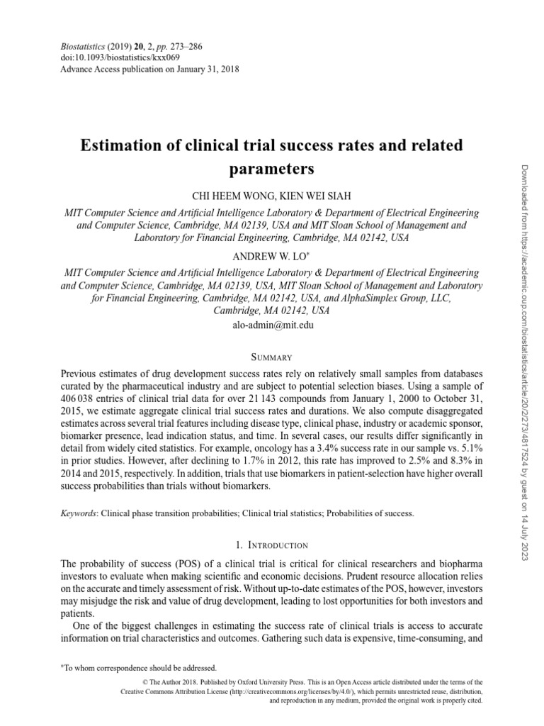 Estimation Of Clinical Trial Success Rates Pdf Phases Of Clinical