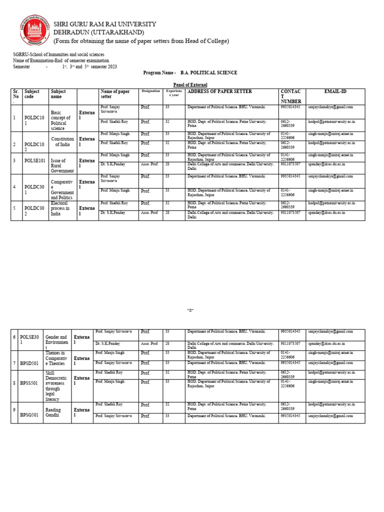 Paper Setter - Odd Semester 2023 | PDF | Science