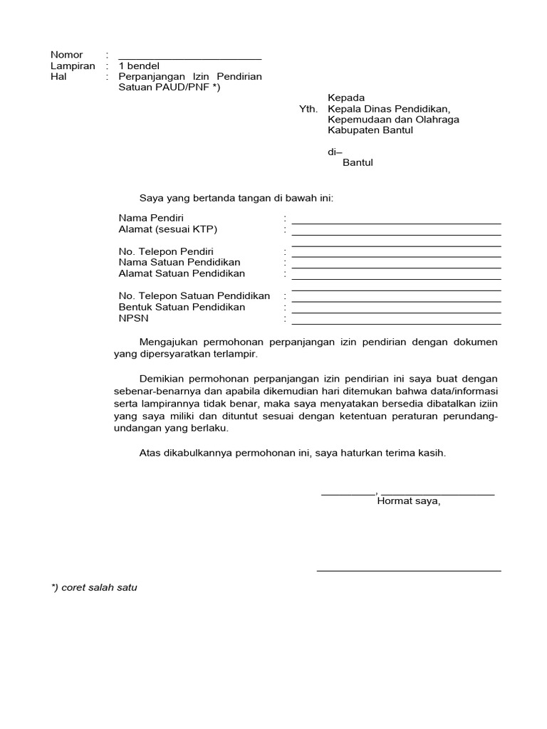 Format Surat Permohonan Perpanjangan Izin Pendirian Satuan Paud Pdf