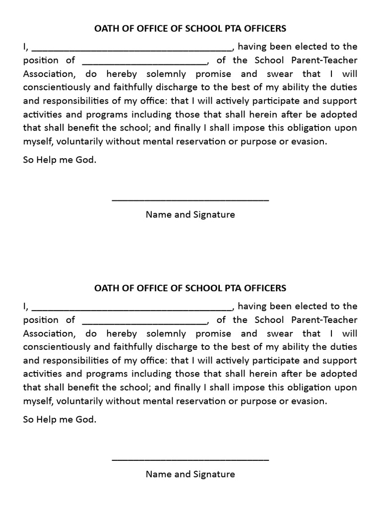 PTA Officers Oath of Office Sample | PDF | Self-Improvement