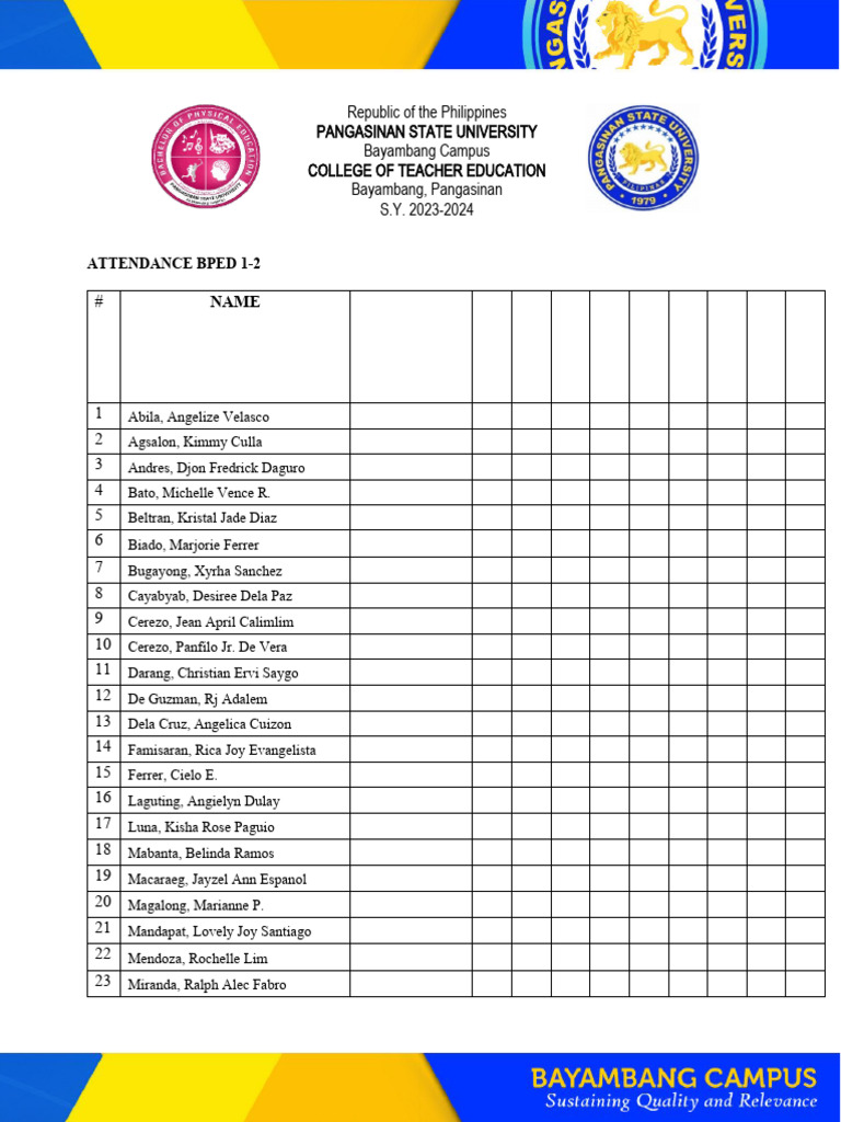 BPED 1-2 Student Attendance List | PDF