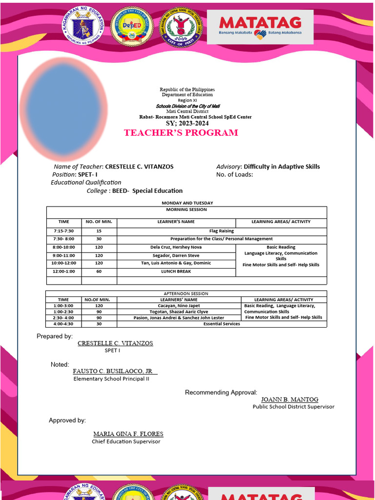 Crestelle Class Program | PDF | Behavior Modification | Teaching