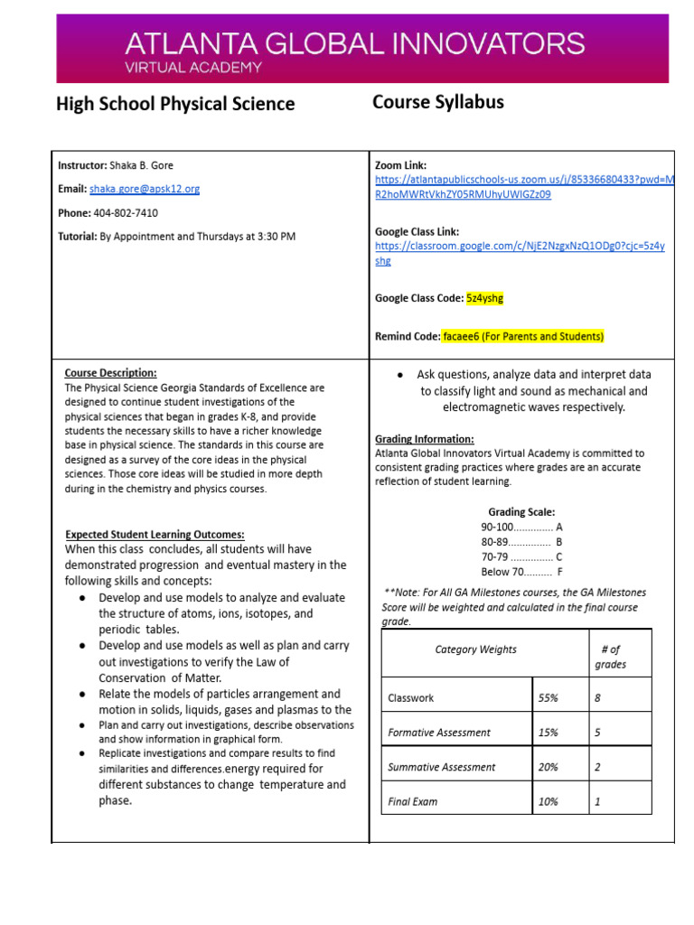 Shayne Evans - High School Physical Science - AGI Syllabus | PDF