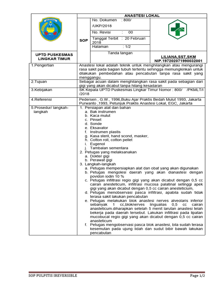 Sop Anastesi Lokal | PDF