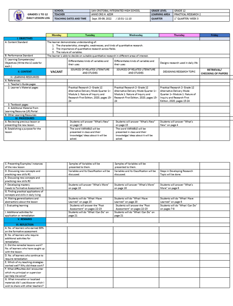 2nd Q-2022-2023 PR2 DLL - Week 3 | PDF | Learning | Education Theory