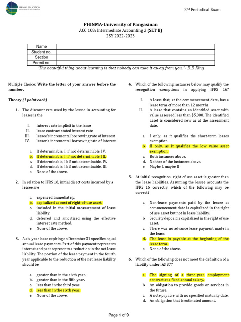 ACC 108 - P2 EXAM For Printing (SET B) Answer Key | PDF