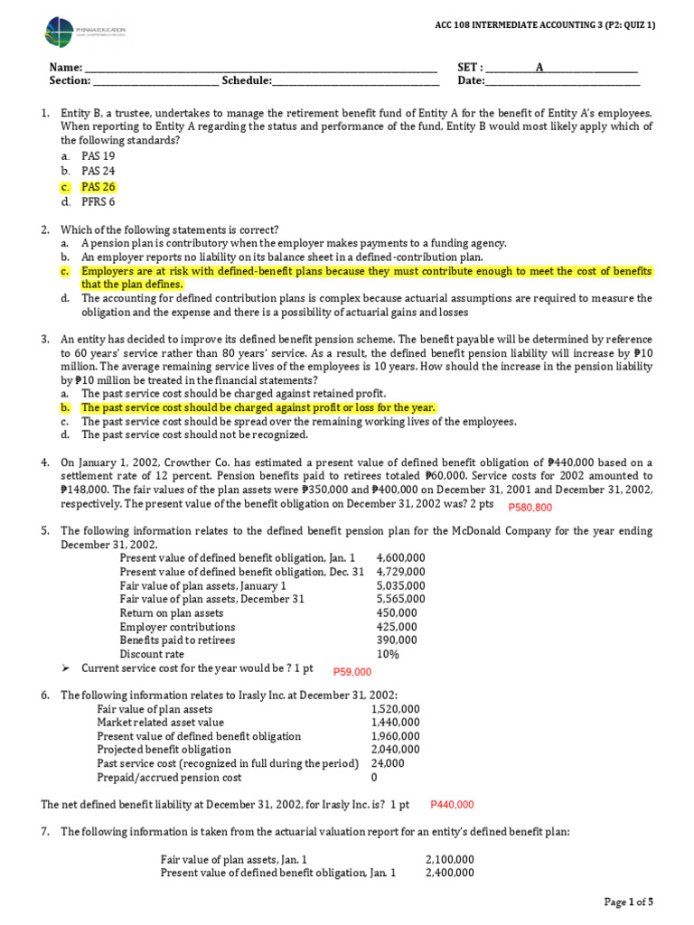 ACC 108 - P2 QUIZ 1 SET A Answer Key | PDF