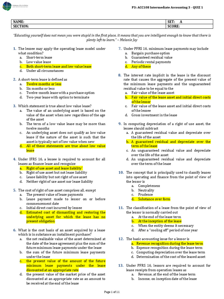 ACC108 P3 - QUIZ 1 SET A - NO CHOICES Answer Key | PDF