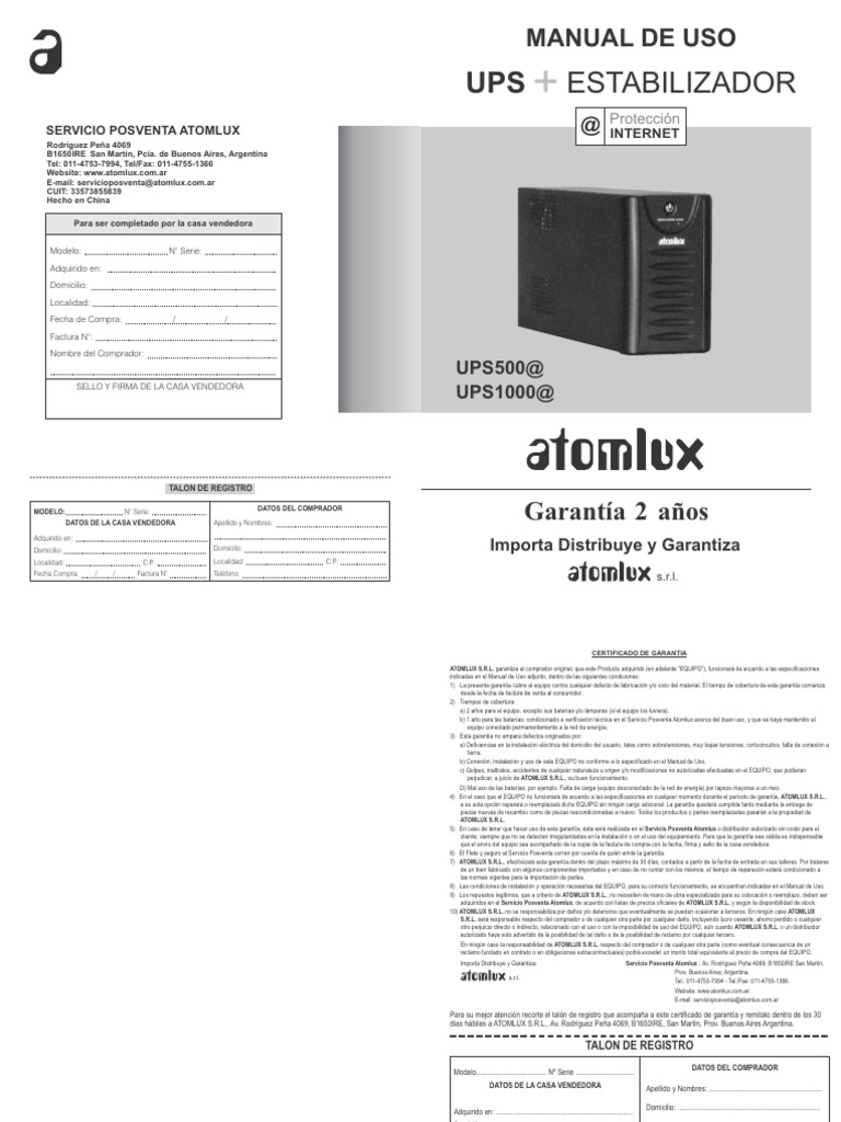 UPS Estabilizador Internet 500 1000 Atomlux | PDF | Fusible (Eléctrico) | Diodo emisor de luz
