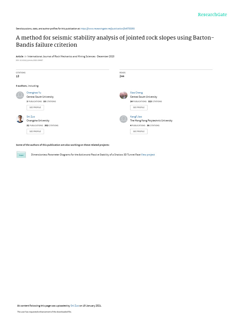 A Method For Seismic Stability Analysis of Jointed Rock Slopes Using Barton-Bandis Failure ...