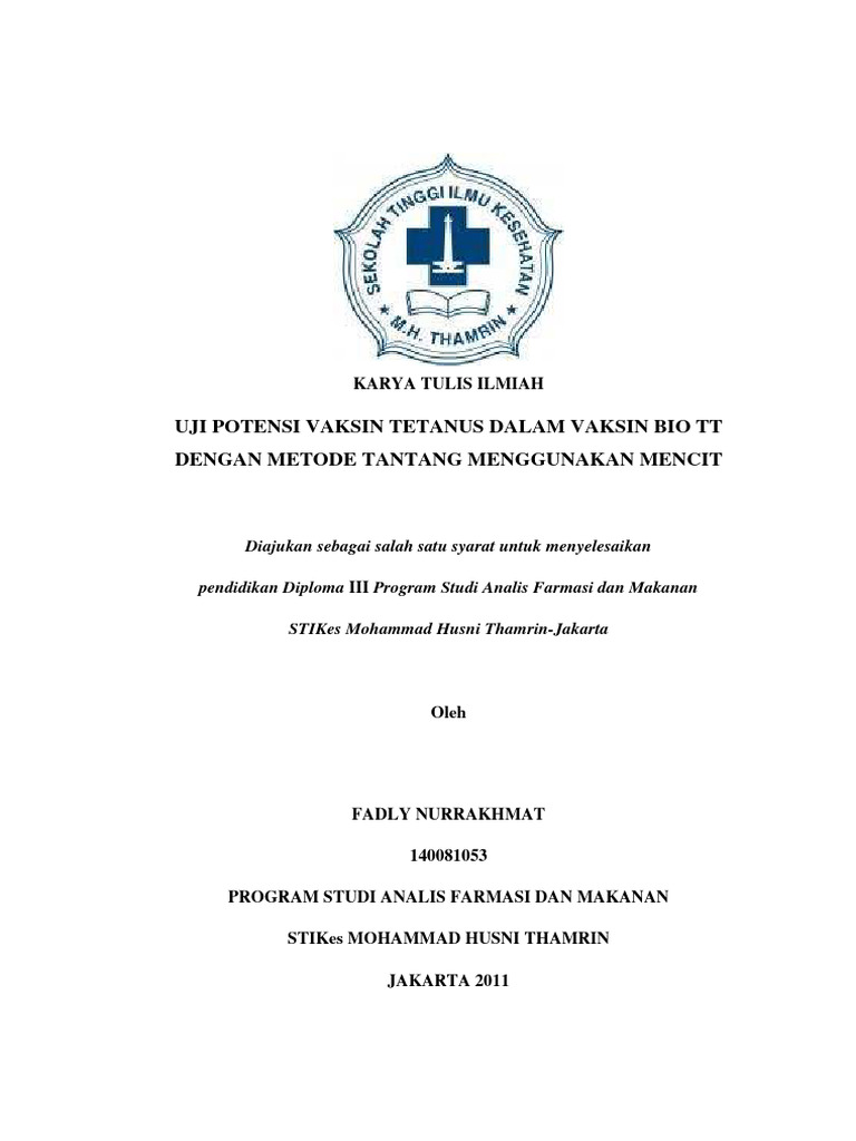 Uji Potensi Vaksin Tetanus Dalam Vaksin Bio TT Dengan Metode Tantang ...