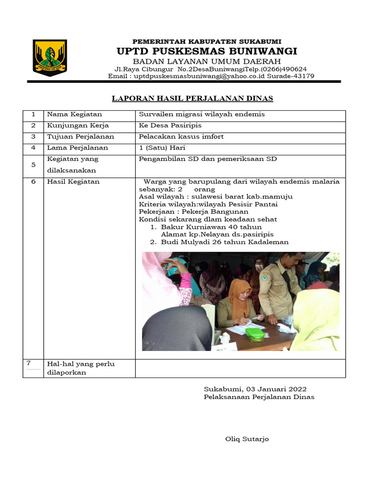 Format Laporan Hasil Kegiatan Spj Bok Psn & Smw Malaria 01 2022 | PDF