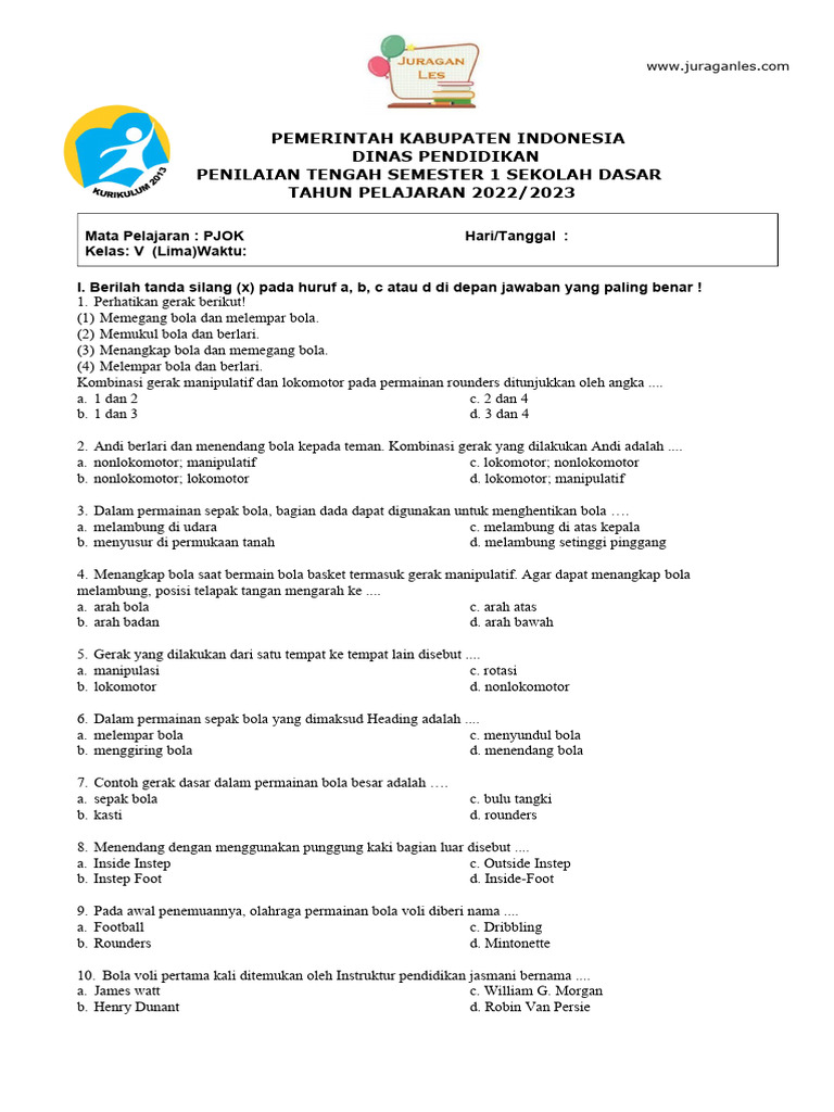 Soal PTS PJOK Kelas 5 Semester 1 T.A 2022 2023 | PDF