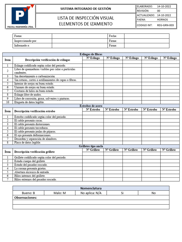 REG-GRN-003 Lista de Inspección Visual Elementos de Izamiento | PDF