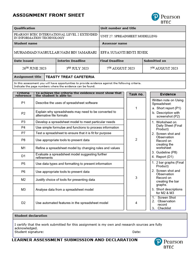 2023 Unit 27 Learner Document Pdf Spreadsheet Worksheet