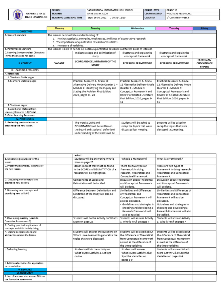 2nd Q-2022-2023 PR2 DLL - Week 6 | PDF | Theory | Learning