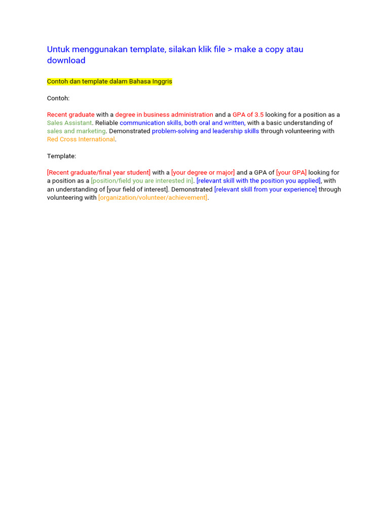 Contoh Dan Template Summary Resume by Kalibrr (Silakan File - Make A ...