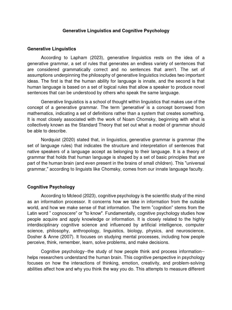 Generative Linguistics And Cognitive Psychology Pdf Cognition