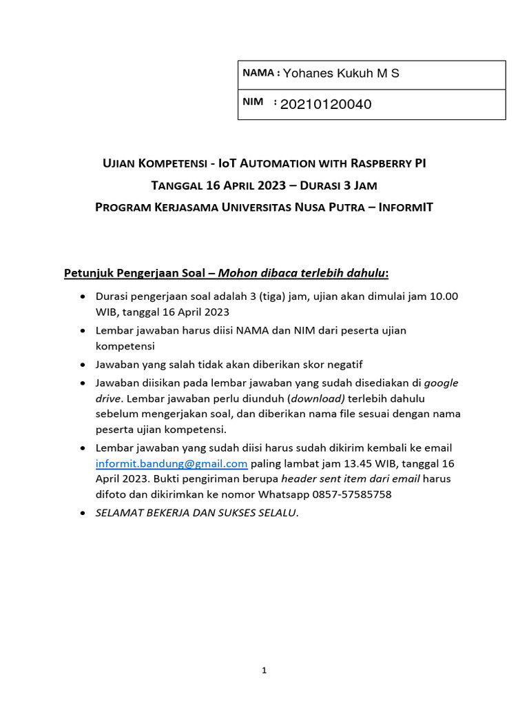 Yohanes Kukuh M S 20210120040 Lembar Jawaban Ujian Kompetensi IoT With Raspberry Pi - ForM | PDF
