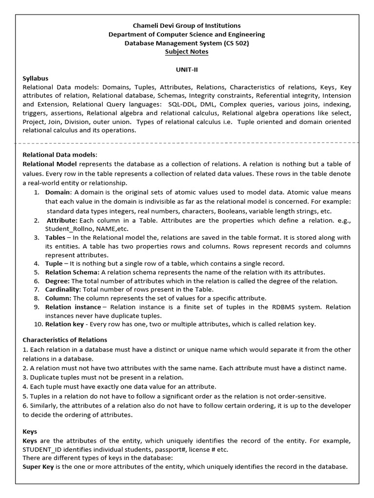 CS502 DBMS Unit-2 - 1692116698 | PDF | Relational Database | Relational Model