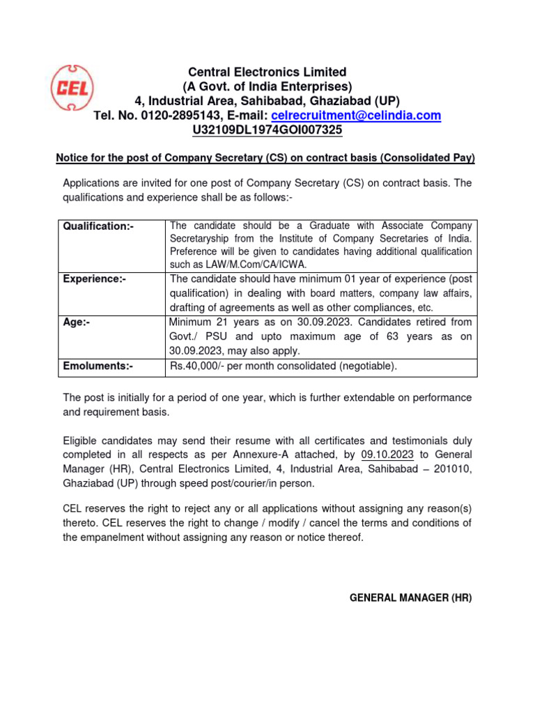 Company Secretary Job Vacancy at CEL | PDF