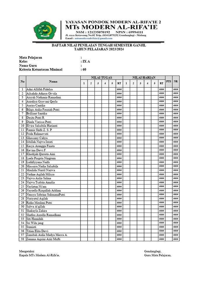 Format Nilai Diniyah Pts Ganjil | PDF