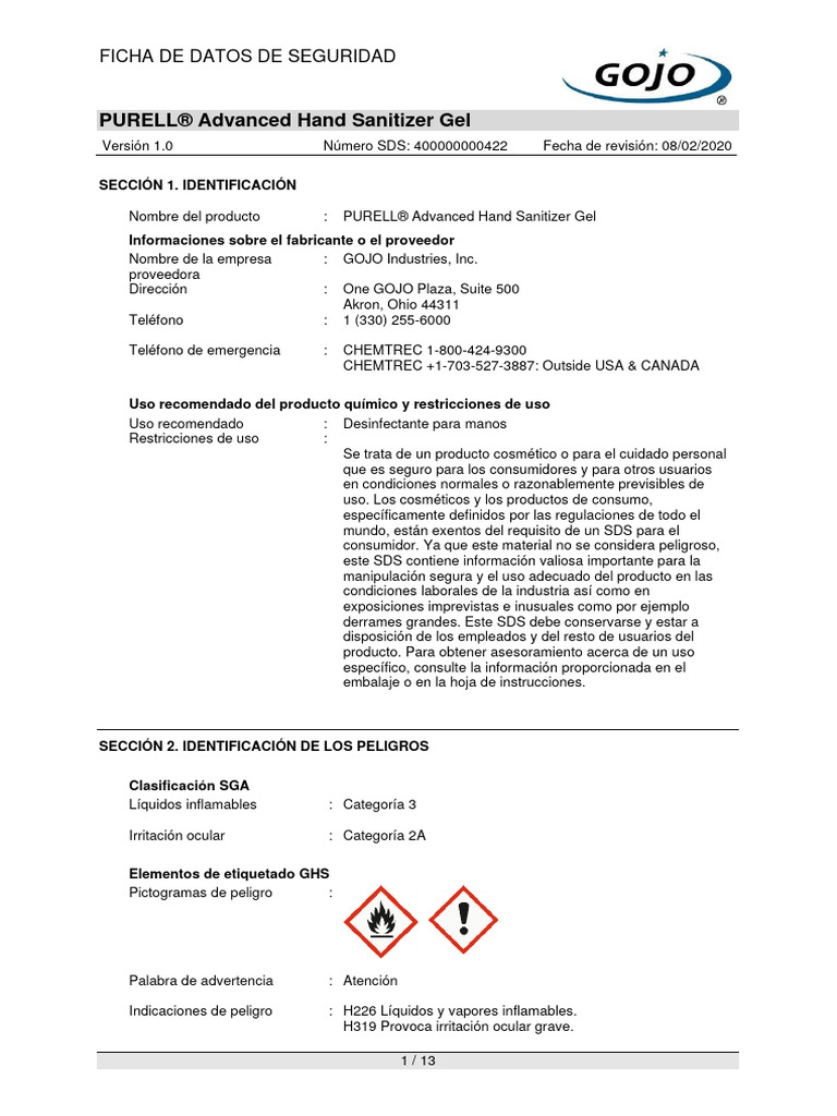 PURELL® Advanced Hand Sanitizer Gel: Ficha de Datos de Seguridad | PDF ...
