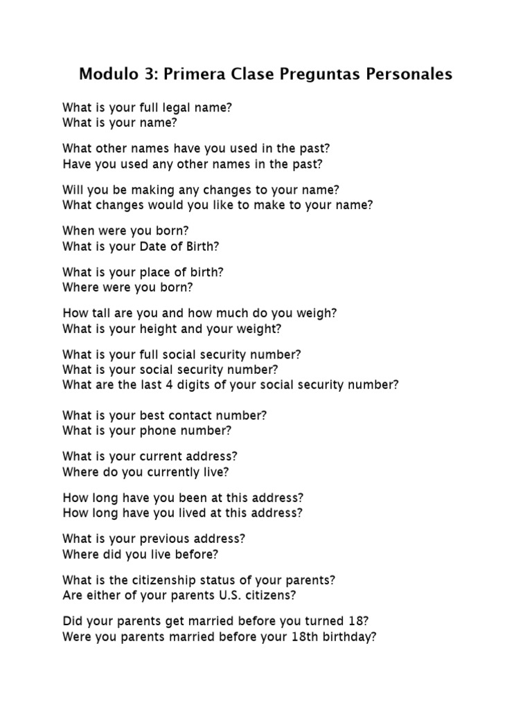 Modulo 3 - Primera Clase Preguntas Personales | PDF | Social Security ...