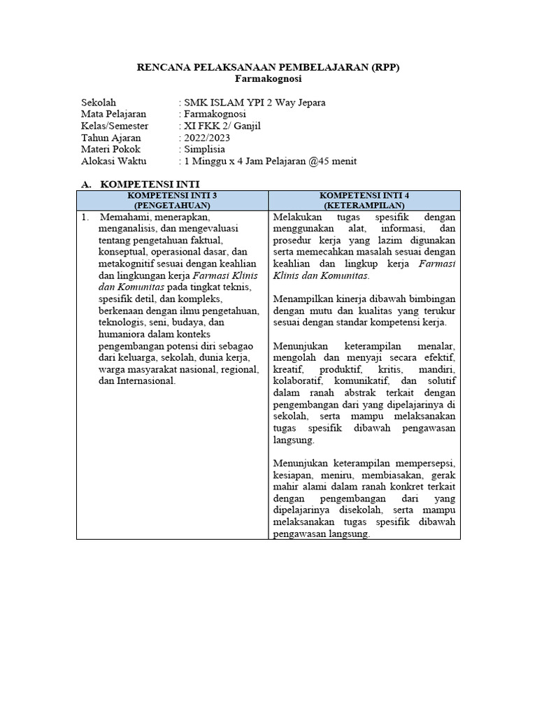 RPP Farmakognosi Xi FKK Ganjil | PDF