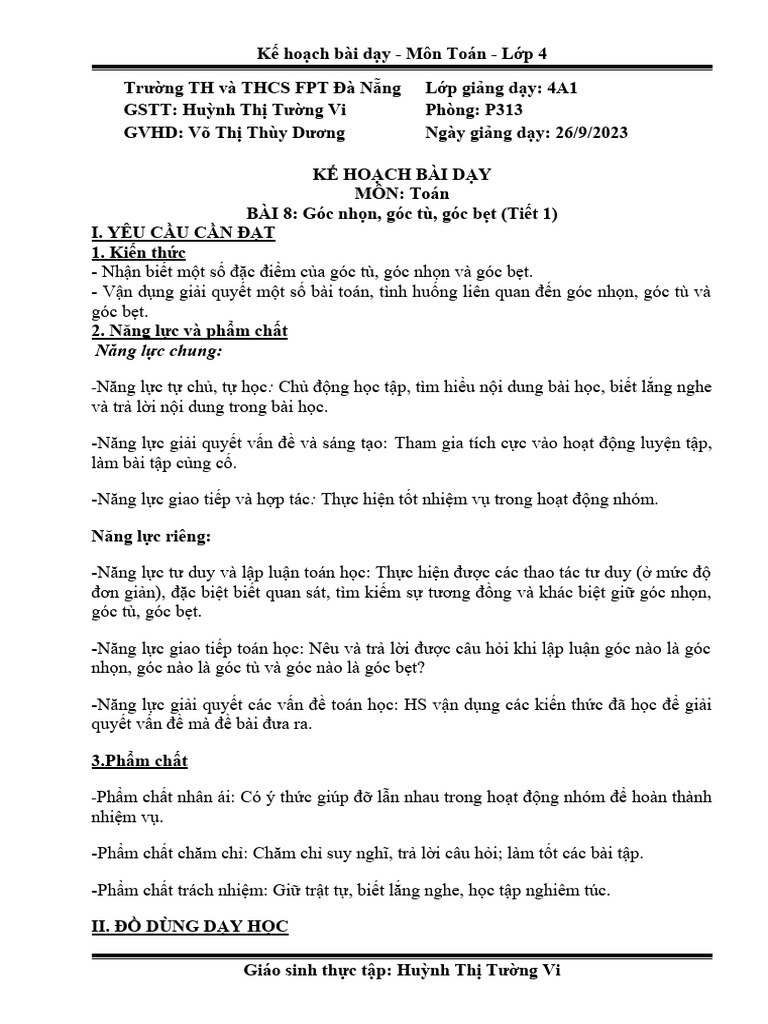 KHBD Môn Toán Góc Nhọn, Góc Tù, Góc Bẹt Lớp 4 | PDF