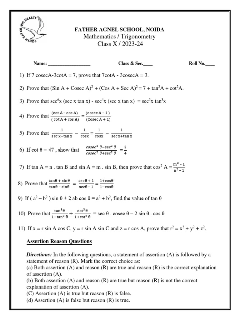 Class 10 Cbse Trigo WKSHT | PDF | Trigonometry | Trigonometric Functions