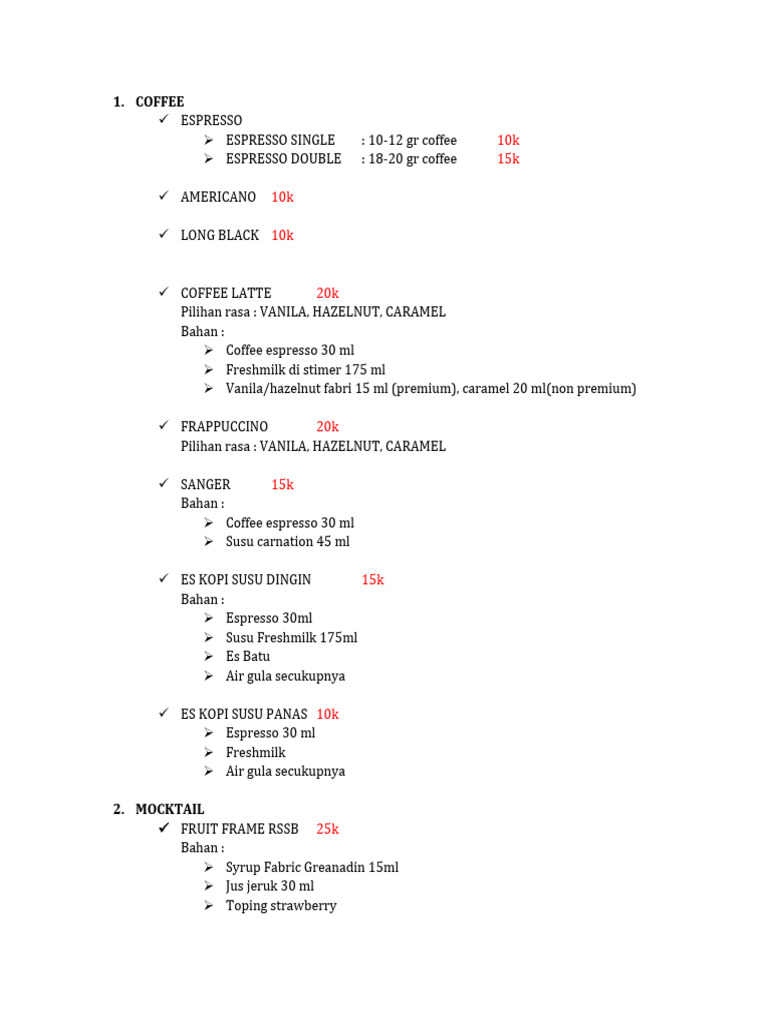 MENU RSSB COFFEE | PDF