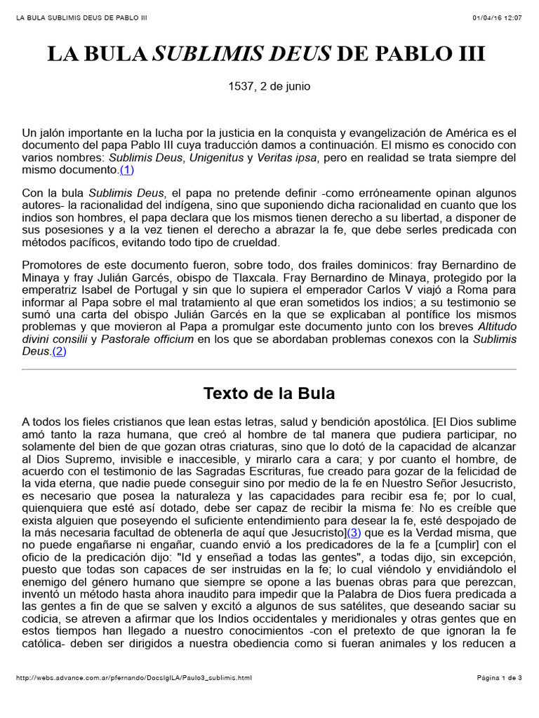 Bula Sublimis Deus de Pablo III | PDF | Filosofía | Historia