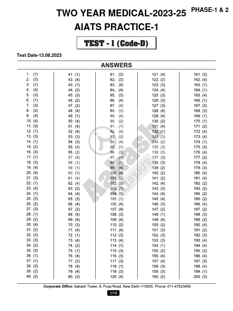 AIATS Medical - TYM-Practice Test-1 - 13.08.2023 - Sol | PDF