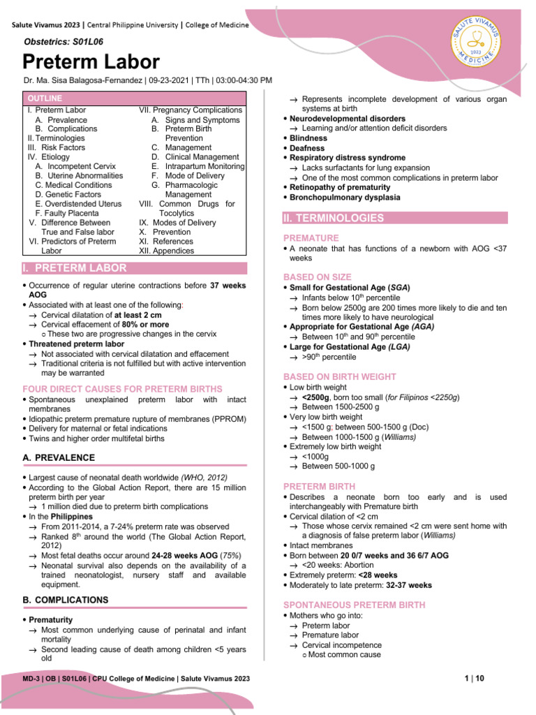 Trans-SaVi-Lec06-Obstetrics-Preterm-Labor-1st Semester | PDF