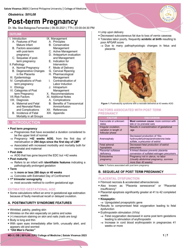 Trans SaVi Lec08 Obstetrics Post Term Pregnancy 1st Semester | PDF ...