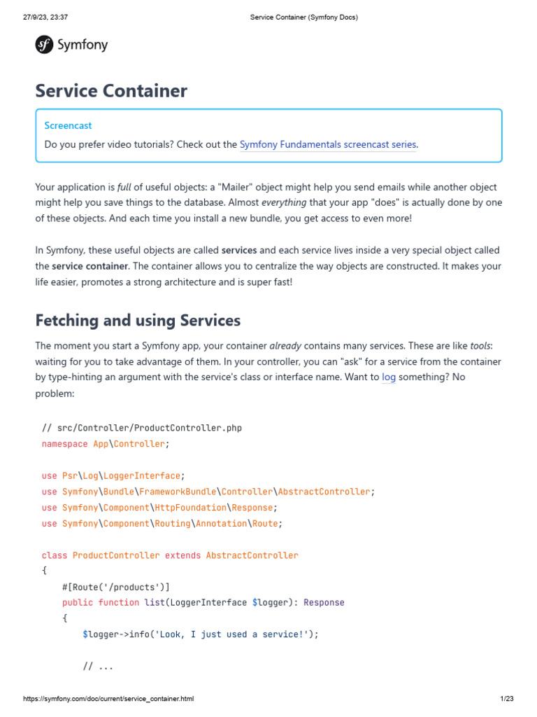 Service Container (Symfony Docs) | PDF | Class (Computer Programming) | Parameter (Computer ...
