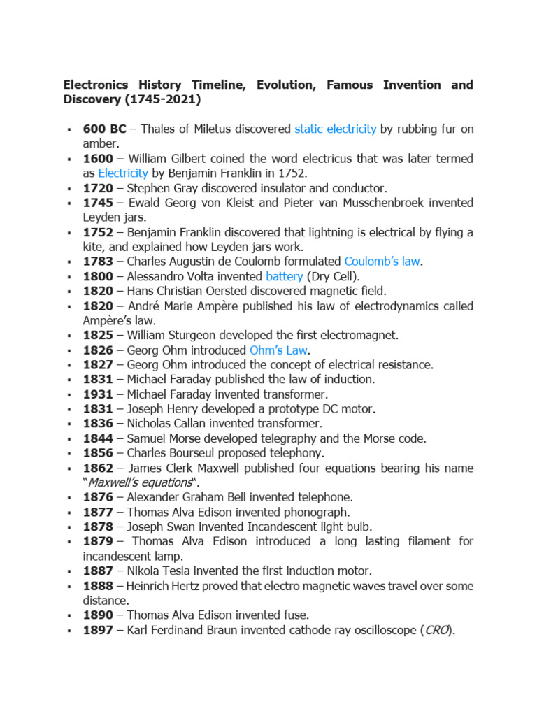 Electronics History Timeline | PDF | Electricity | Electromagnetism