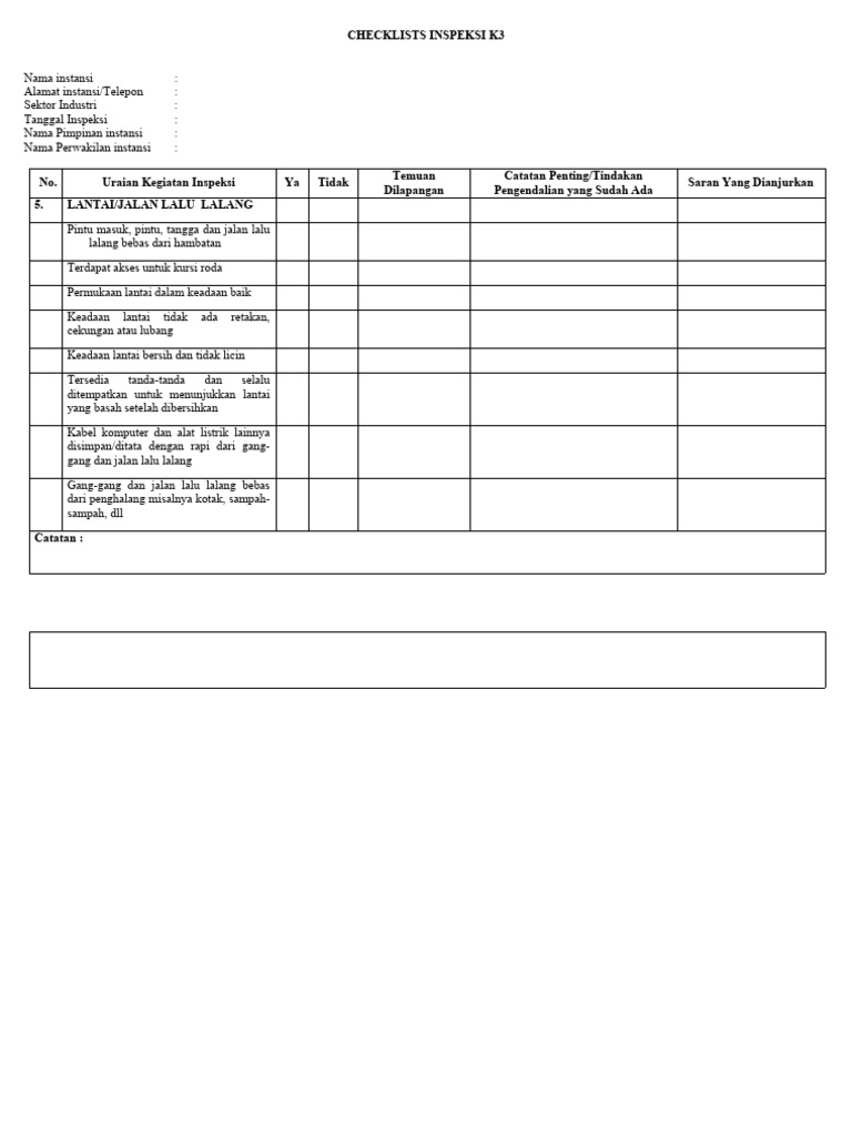 Checklists Inspeksi K3 Lantai Atau Jalan Lalu Lalang (Sfile | PDF