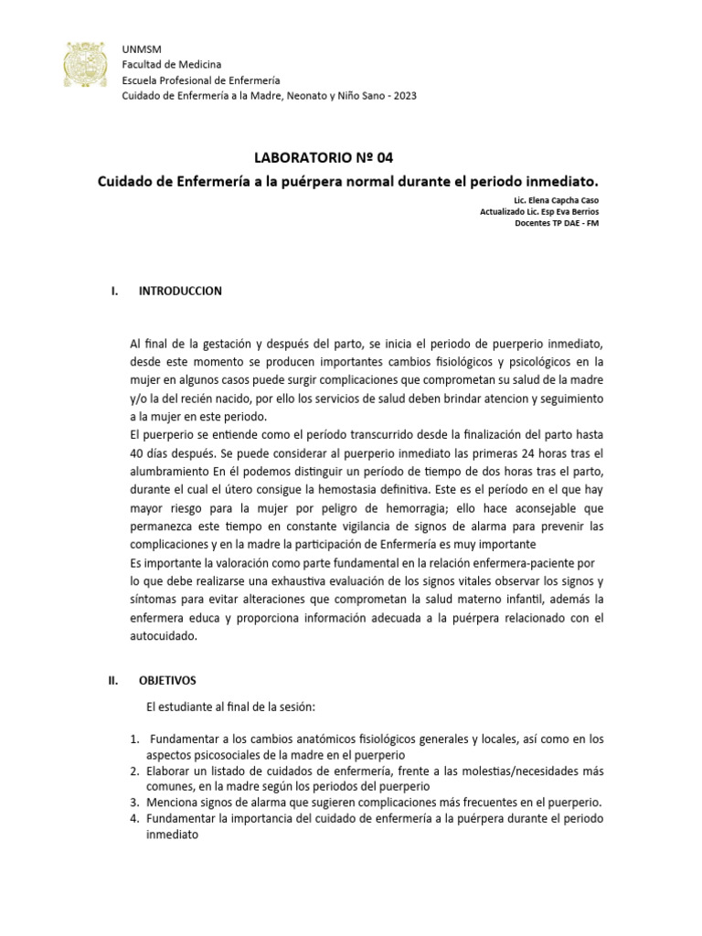 Lab. 4 Cuidado A La Puerpera | PDF | Parto | Periodo posparto