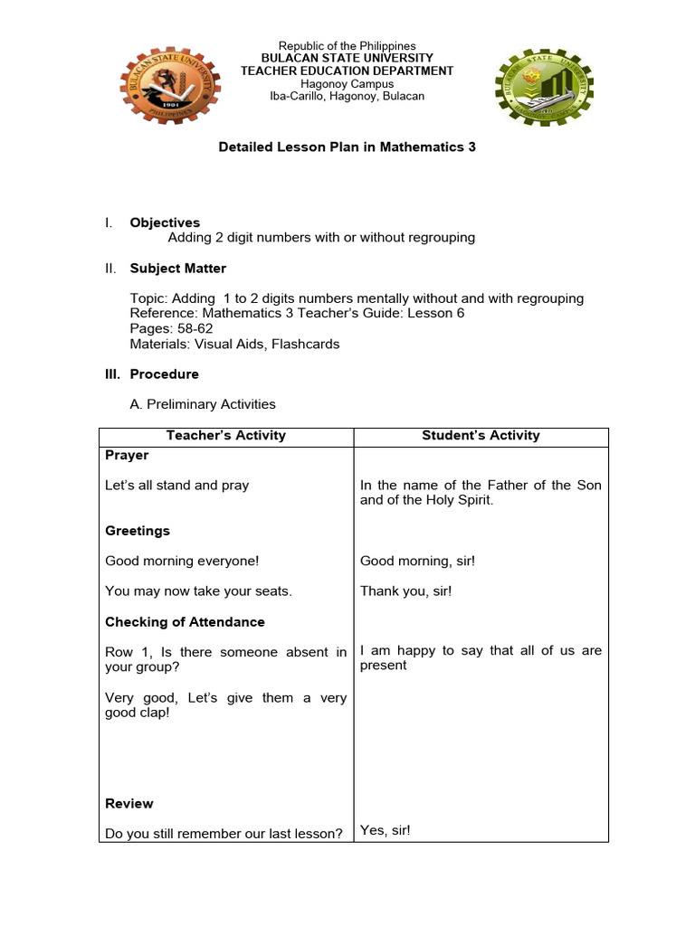 Detailed Lesson Plan in Mathematics 3 | PDF | Behavior Modification ...